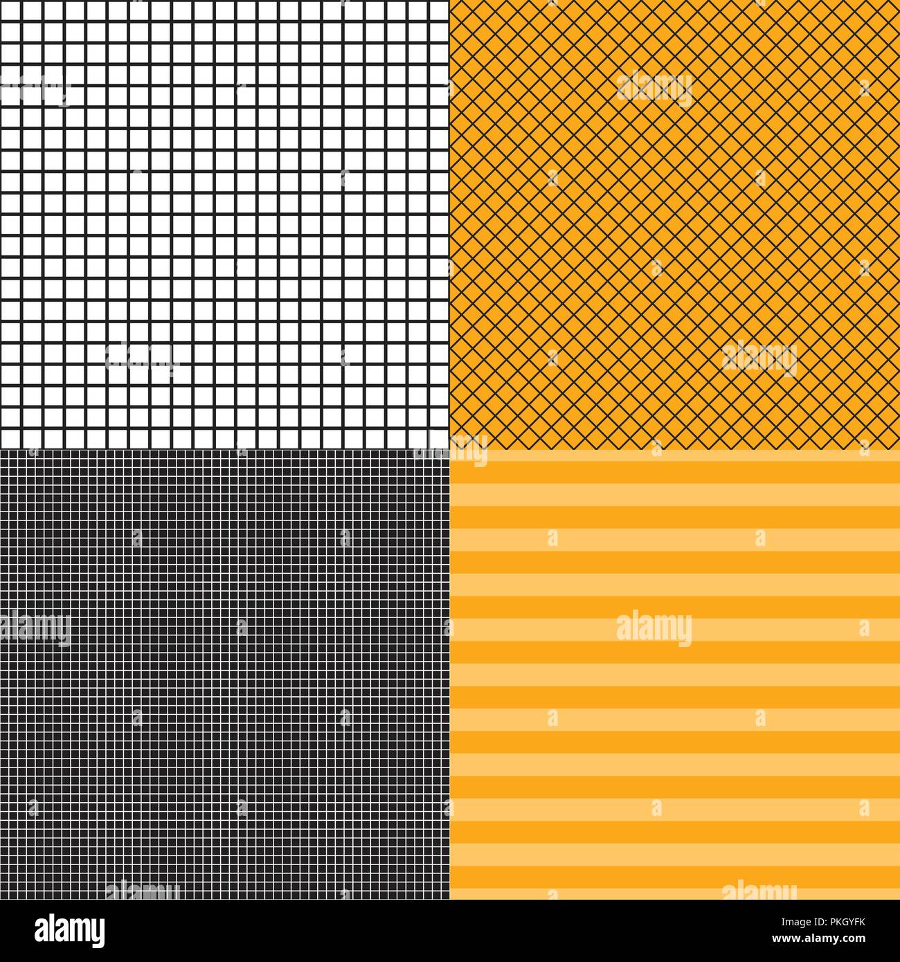 Set of striped and grid cells seamless patterns. Orange with yellow and ...