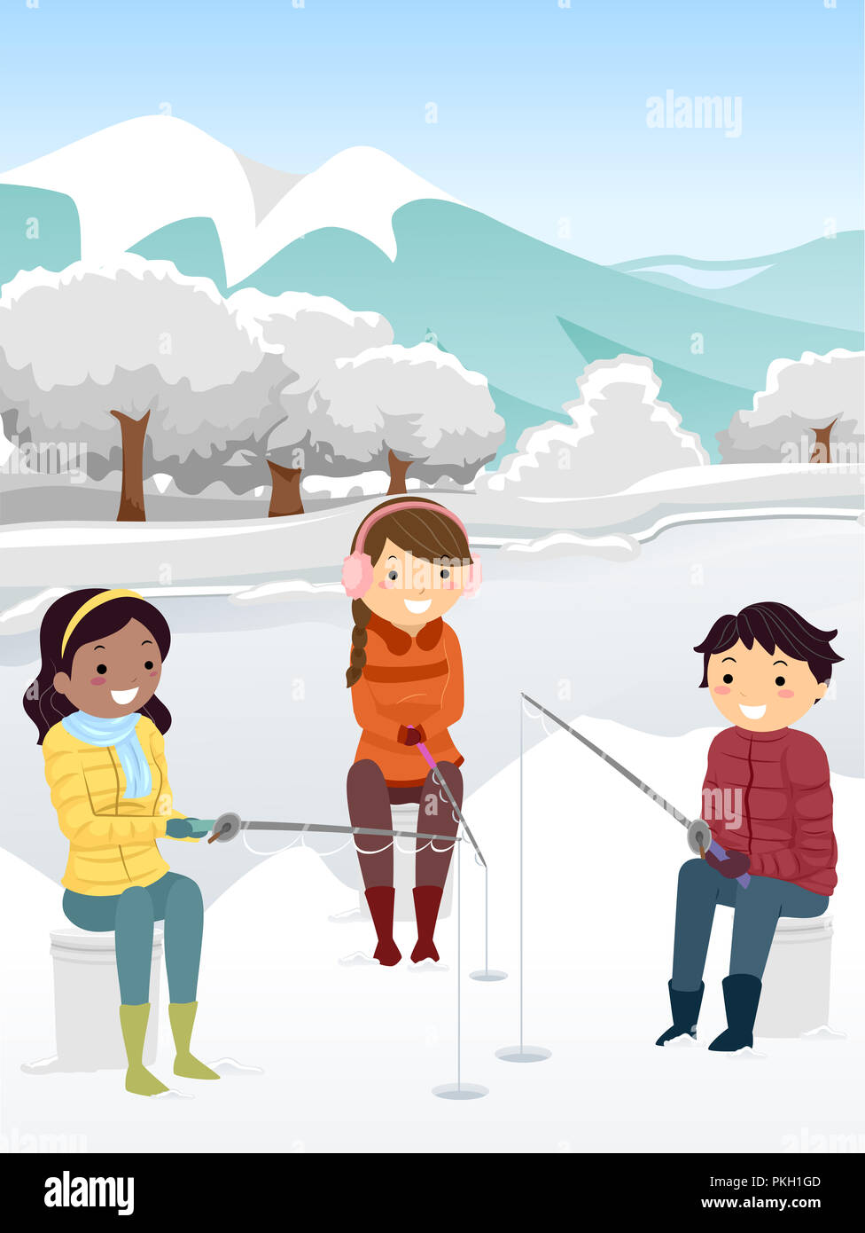 Illustration of Stickman Teens Sitting and Ice Fishing Outdoors in the ...