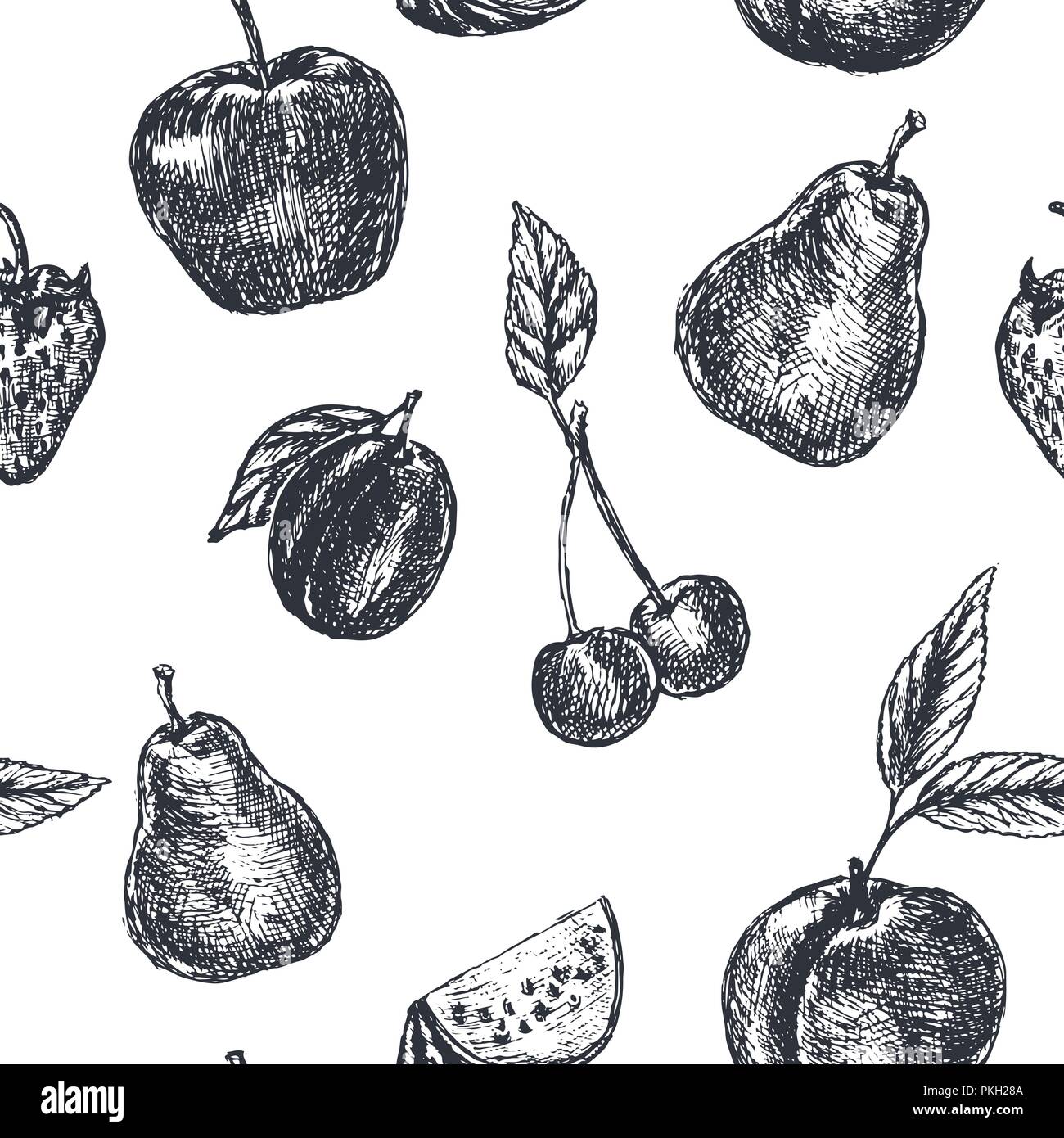 Fruits. Seamless pattern. Hand drawn sketch in grunge style Stock ...