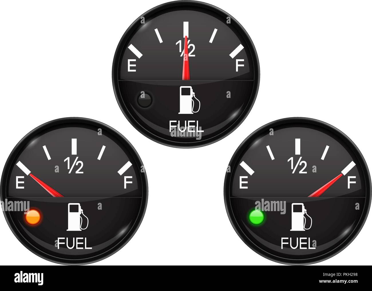 Fuel gauge. Set of round black car dashboard 3d devices with chrome ...