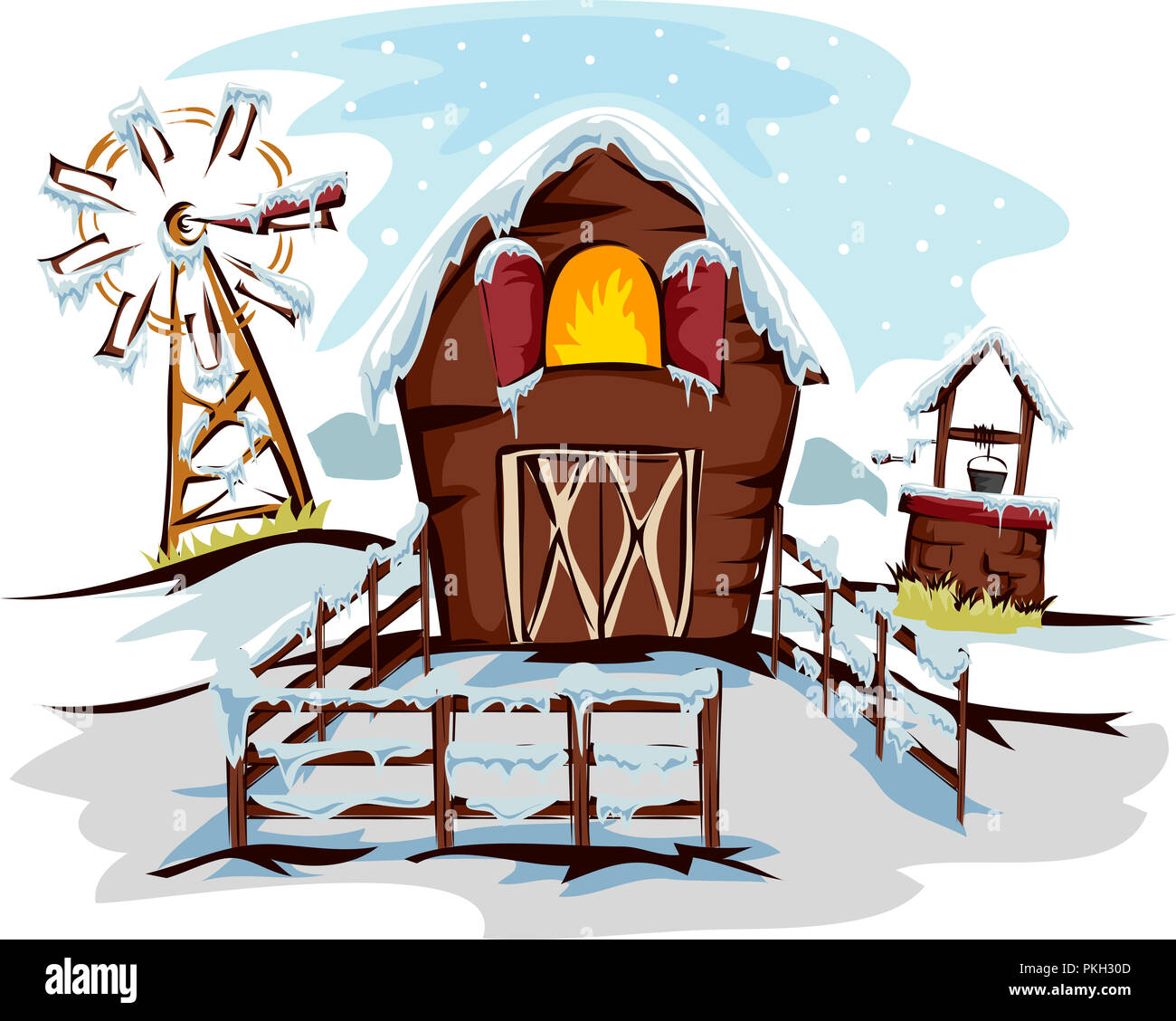 Illustration of a Farm Barn, Windmill and Well During Winter Season ...