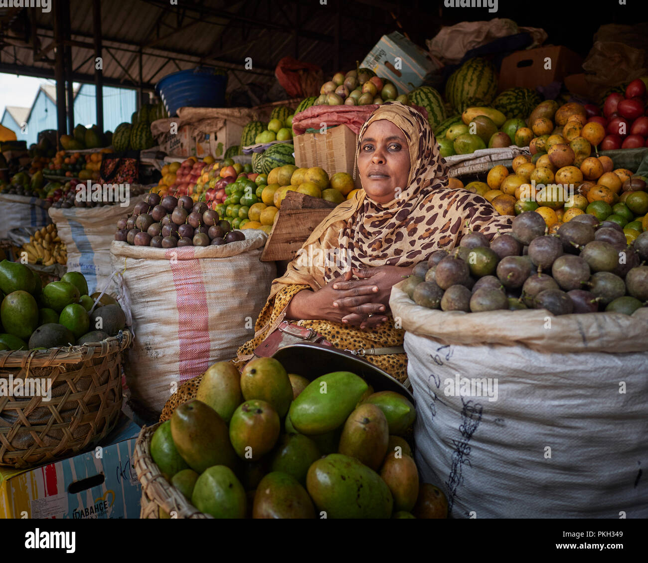 Market seller of fruit and vegetables, market, Kigali, Rwanda Stock ...