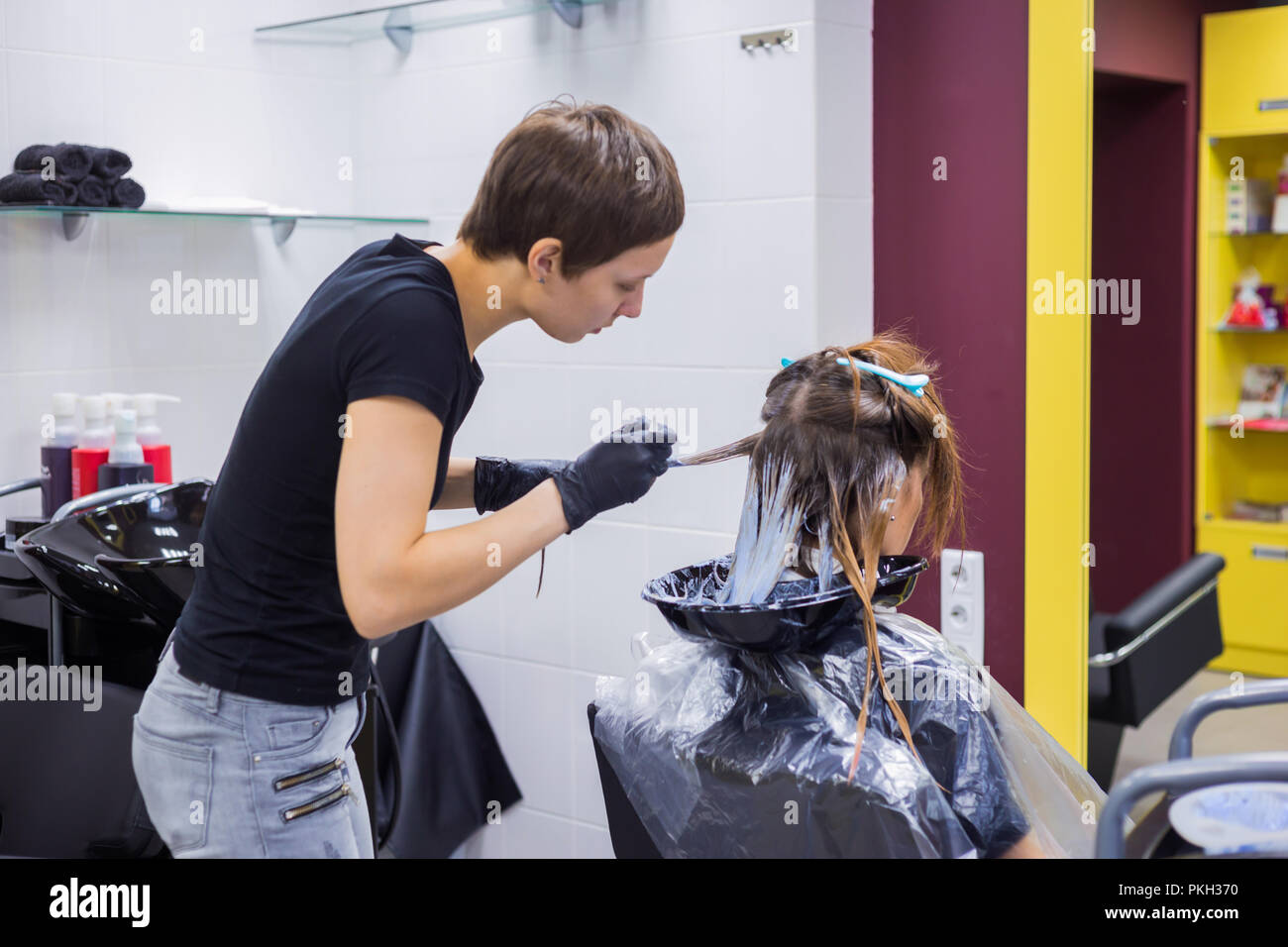 Professional hairdresser, stylist coloring hair of woman client at ...