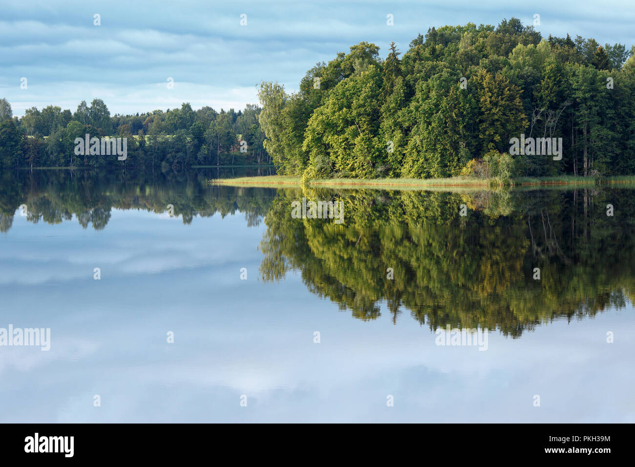 A lake, perfect reflection, clouds, and forest Stock Photo - Alamy