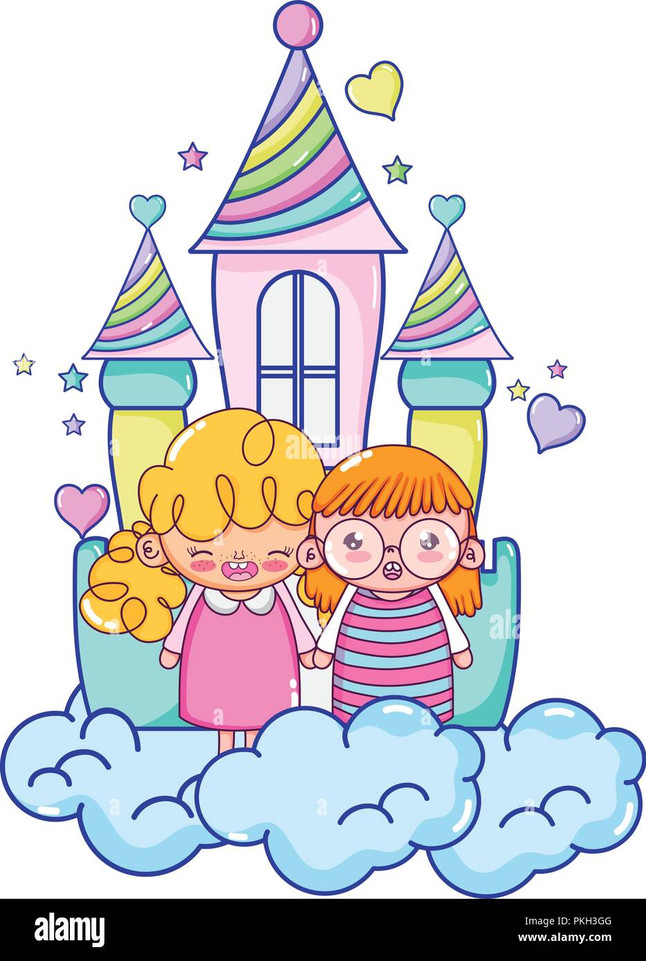 cute girls in the castle with clouds and hearts vector illustration ...