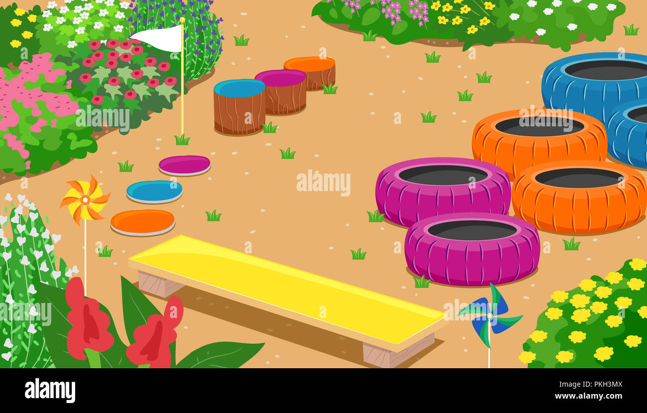 Illustration of an Obstacle Course in the Garden with Used Tires ...