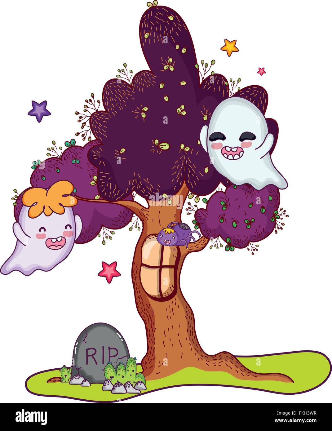 ghosts and spider in the tree house with rip vector illustration Stock ...