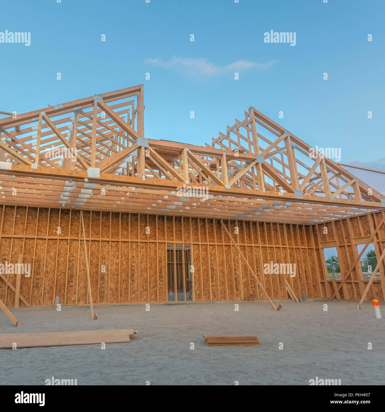 Large open area of the wooden construction roof Stock Photo - Alamy