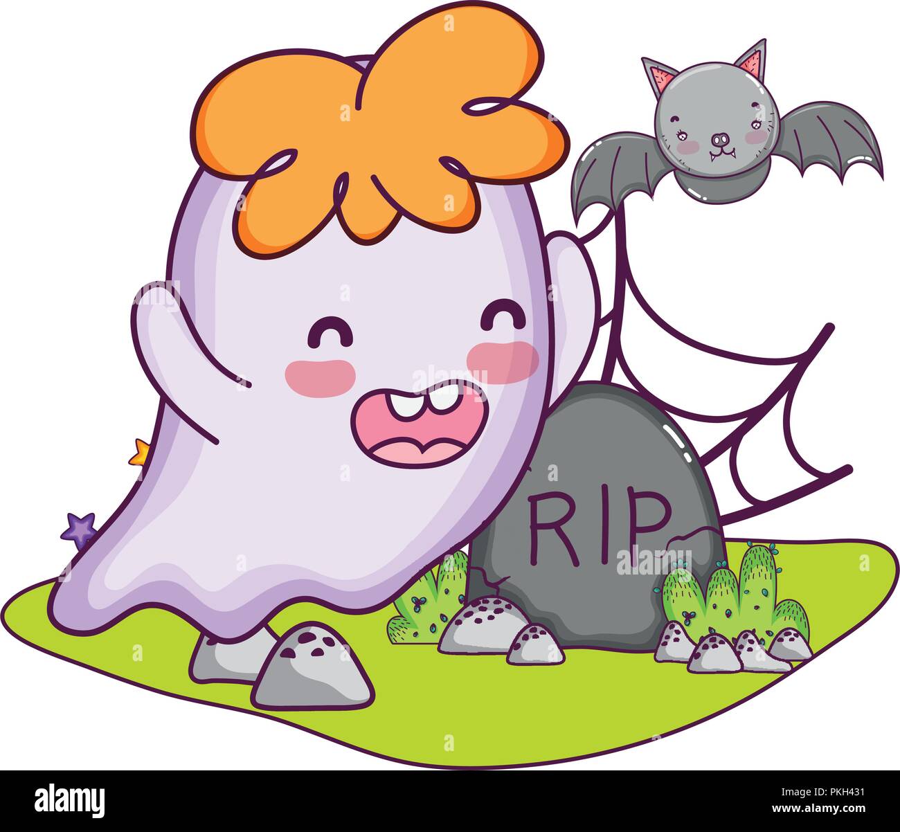 ghost with bat and rip stone with spiderweb vector illustration Stock ...