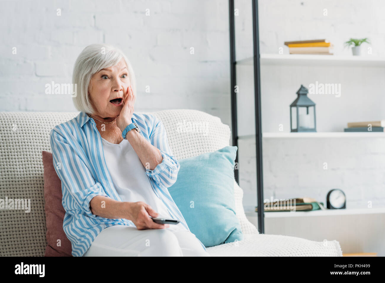 Old lady watching tv on sofa hi-res stock photography and images - Alamy