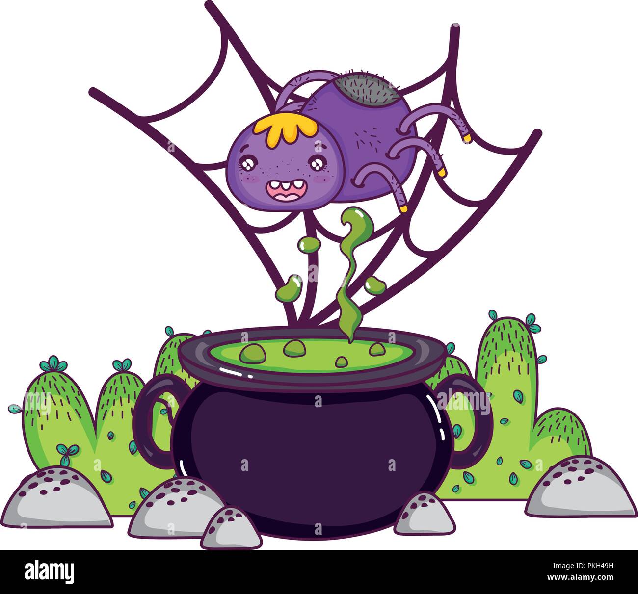 spider character in the spiderweb with pot cauldron vector illustration ...