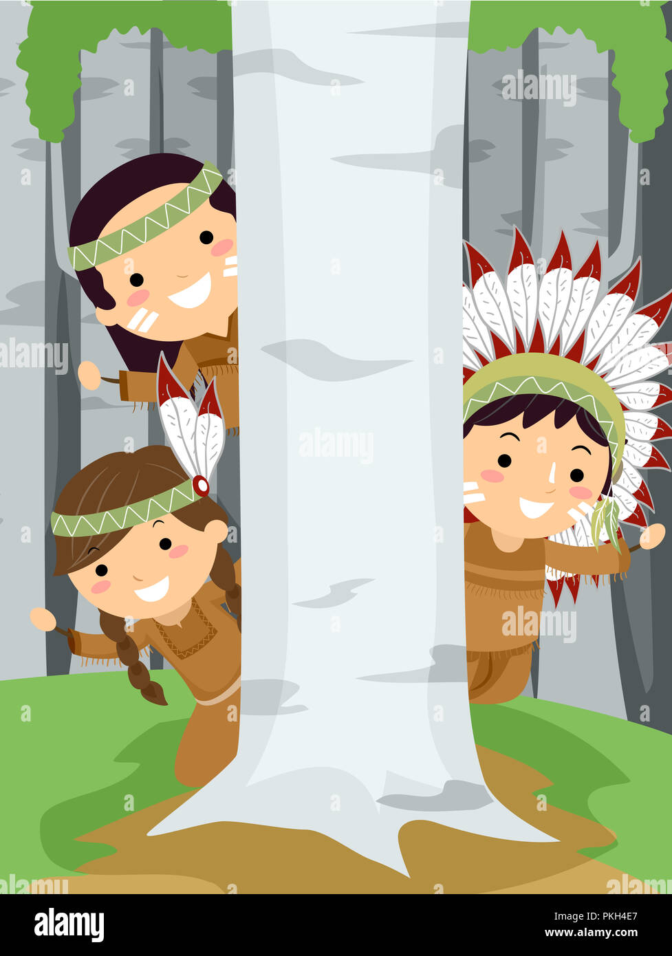 Illustration of Stickman Native American Hiding Behind a Birch Tree ...