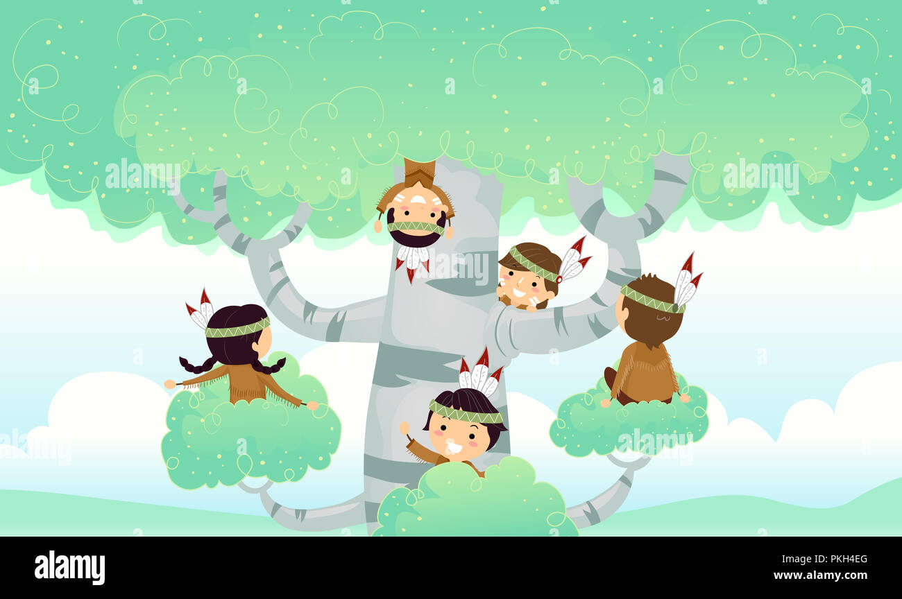 Illustration of Stickman Native American Kids Playing Up in a Birch ...