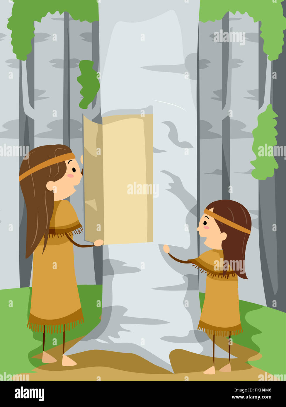 Illustration of Stickman Native American Girls Taking Bark off a Birch ...