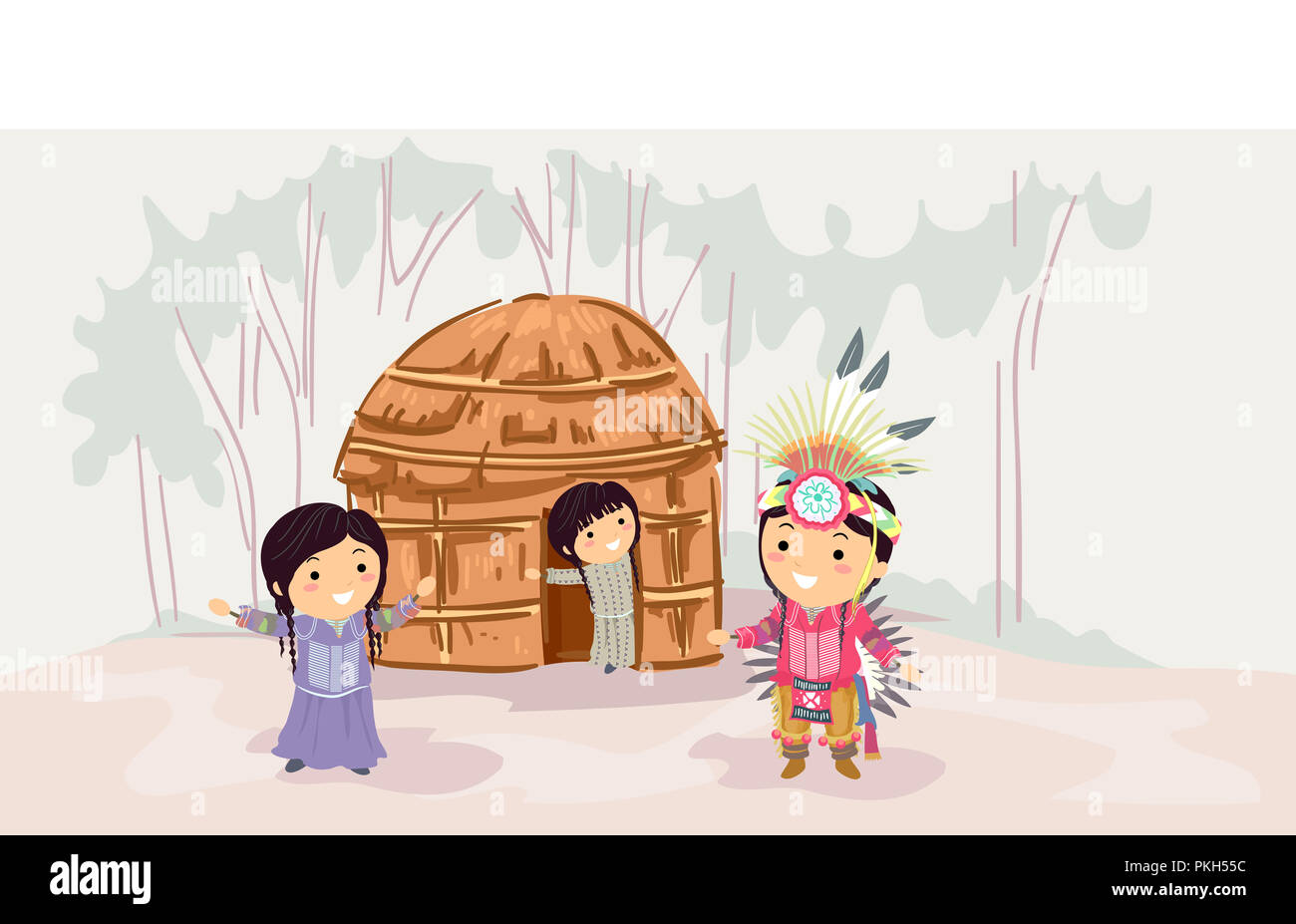 Illustration of Stickman Native American Apache Kids Playing Around a ...