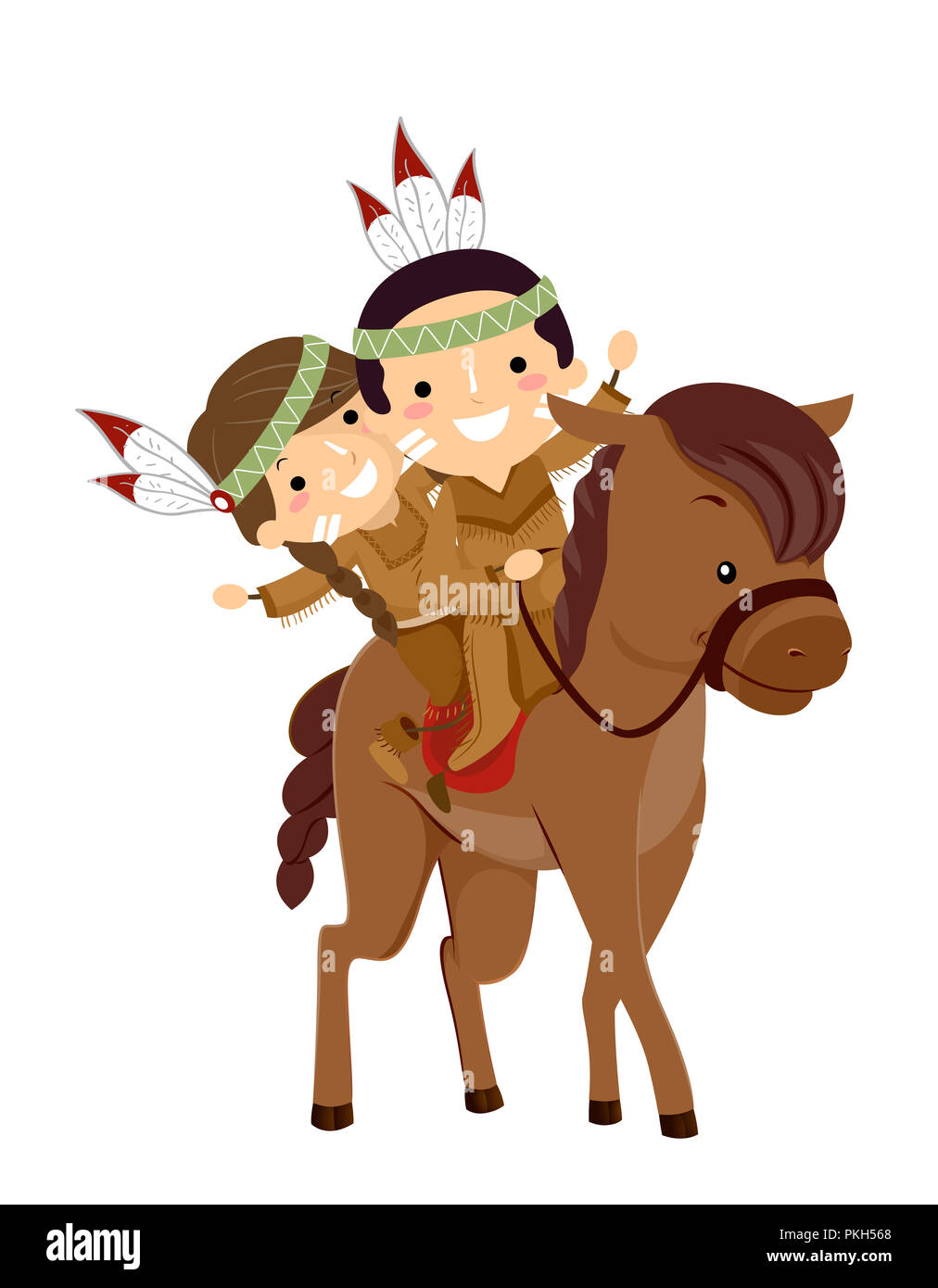 Illustration of Stickman Native American Kids Waving Hello and Riding a ...