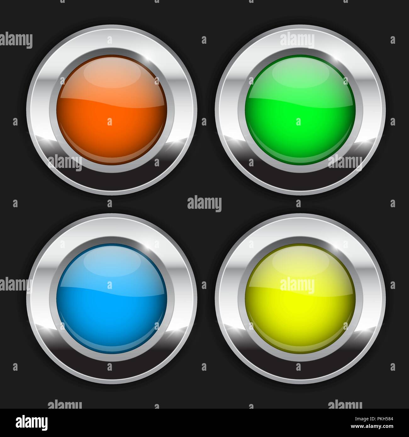 Colored round buttons. Glass 3d shiny icons with wide metal frame on ...