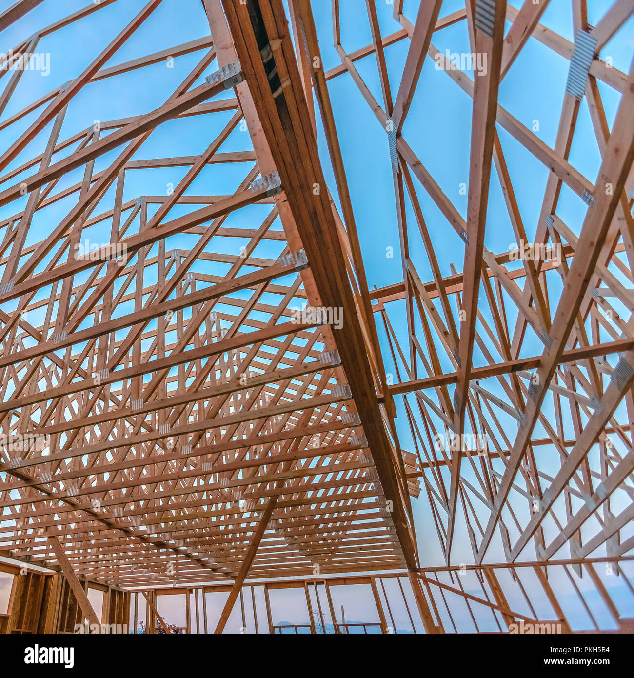 Looking up at new wood beams building wide angle Stock Photo - Alamy