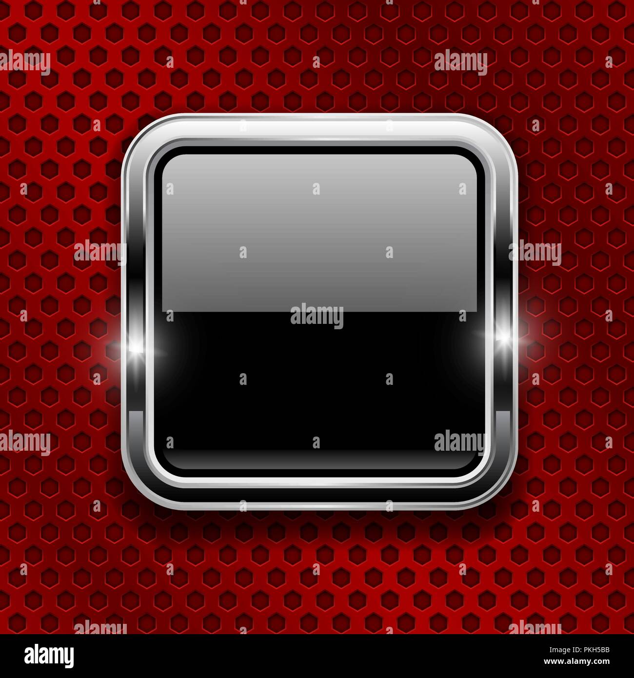 Black button on red metal perforated background. Square glass icon with ... Black button on red metal perforated background. Square glass icon with ...