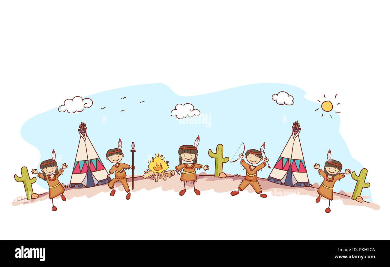 Illustration of Native American Stickman Kids Welcoming People with ...