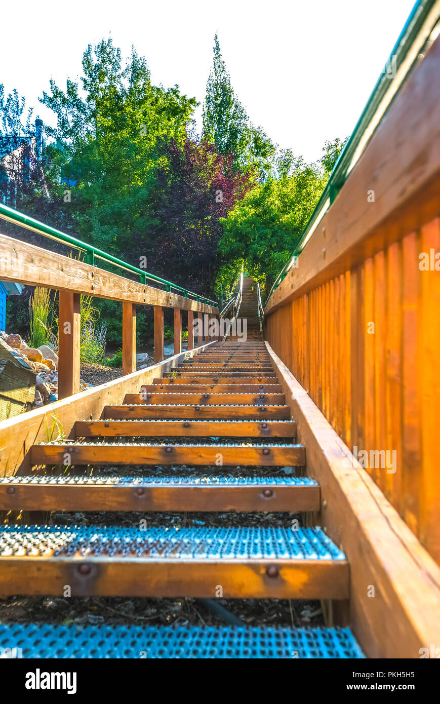 Looking up the public wooden stairs Park City Stock Photo - Alamy