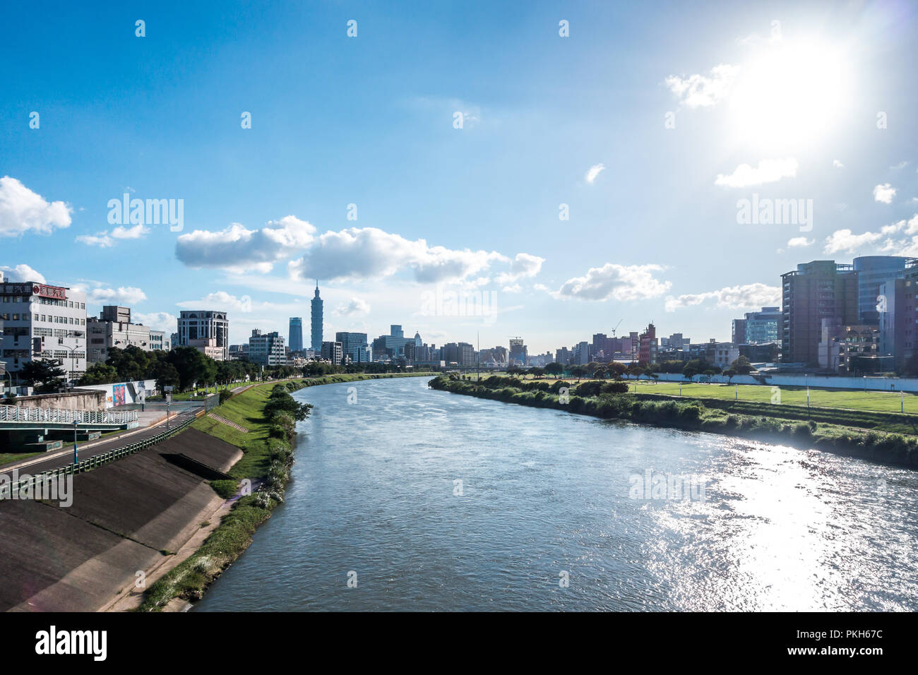 Serenity cityscape with skyscraper and river in Taipei, Taiwan Stock ...