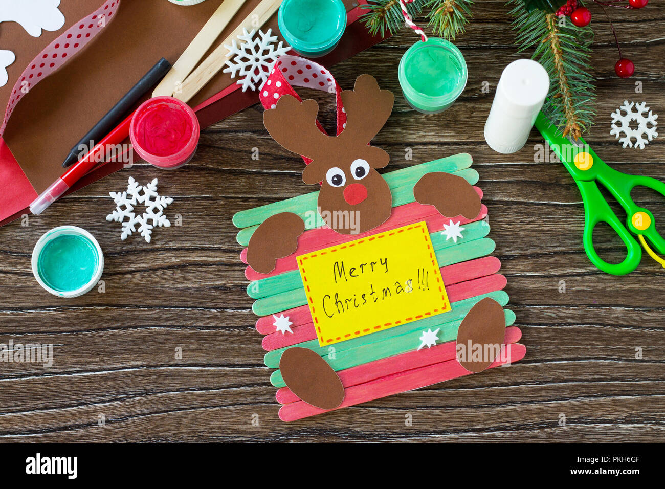 Santa and Reindeer stick gift. Handmade. Project of children's ...