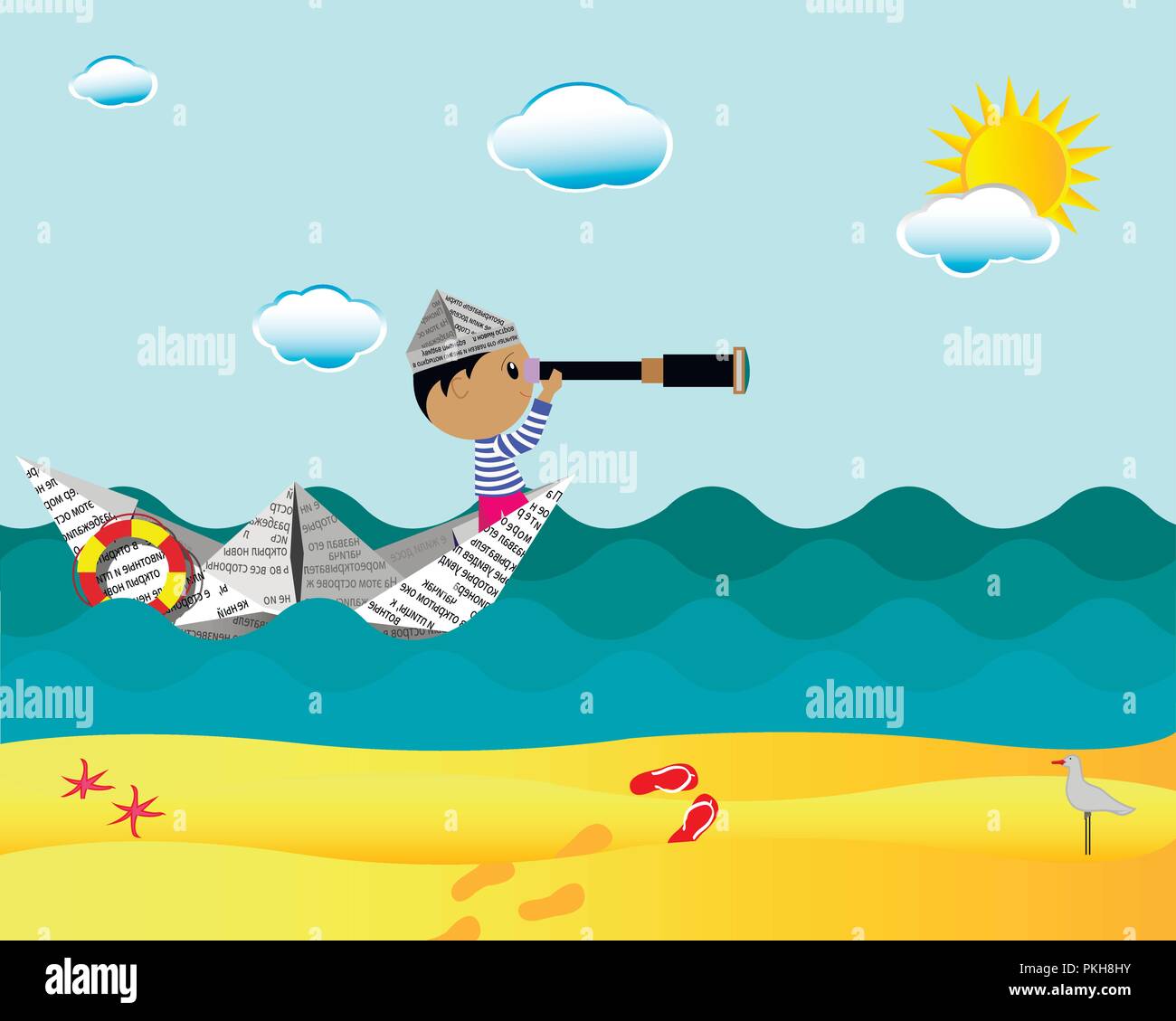 little explorer explorer floating on a paper boat in the ocean Stock ...