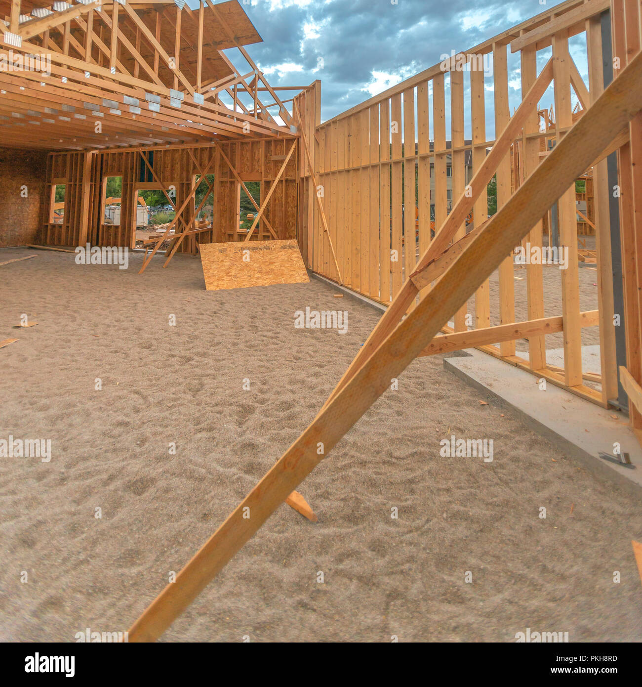 Tall wide angle view construction area framework Stock Photo - Alamy