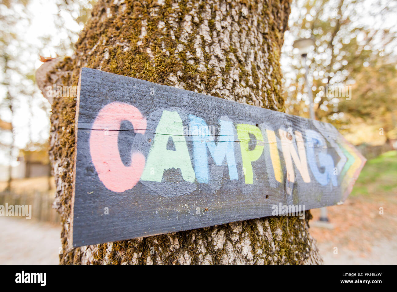 Wooden Camping Sign, pointer for camp area Stock Photo - Alamy