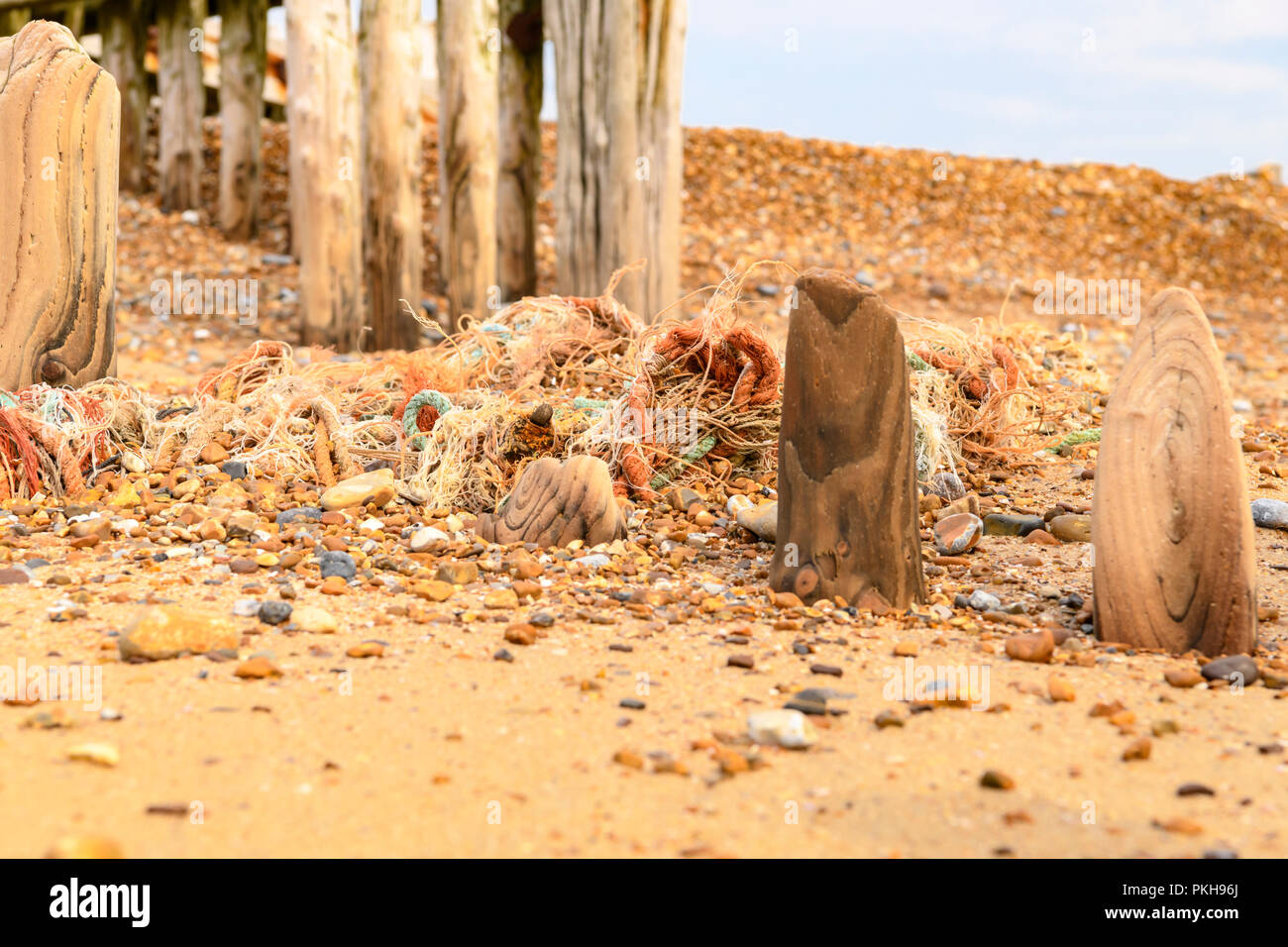 Fishing debris washed up on the beach at Rye bay, East Sussex, England ...