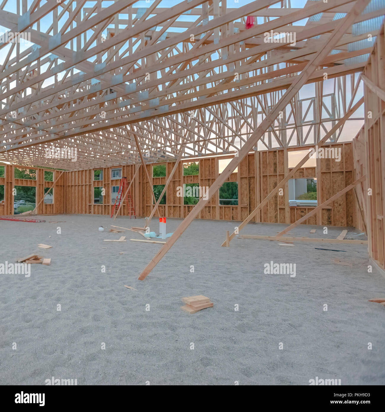 Two by fours in new building wide angle beams Stock Photo - Alamy