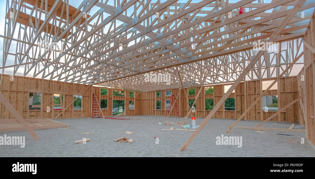 Two by fours in new building wide angle pano Stock Photo - Alamy