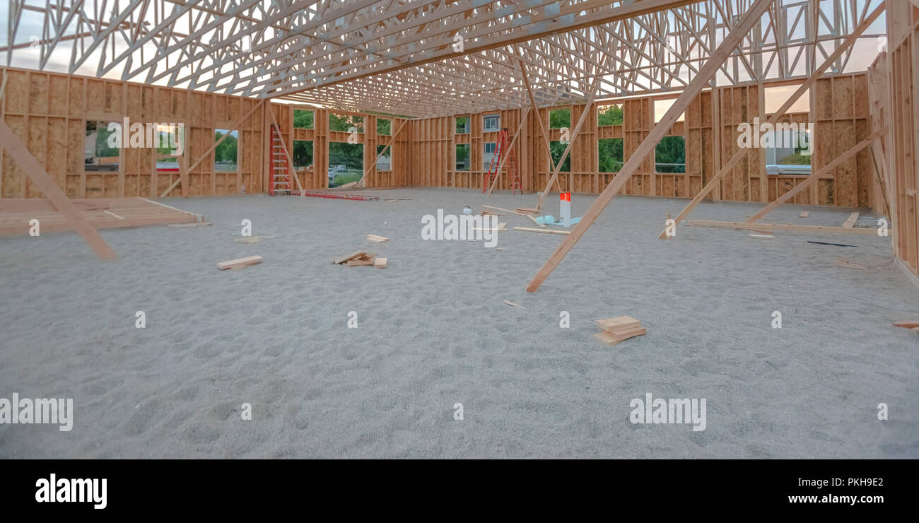 Two by fours in new building wide angle view pano Stock Photo - Alamy