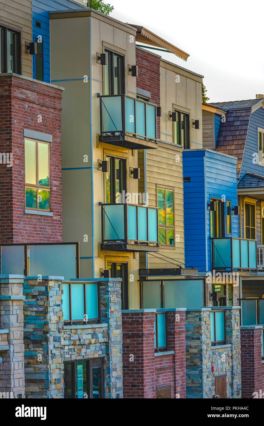 Vertical condos with balconies downtown Park City Stock Photo - Alamy