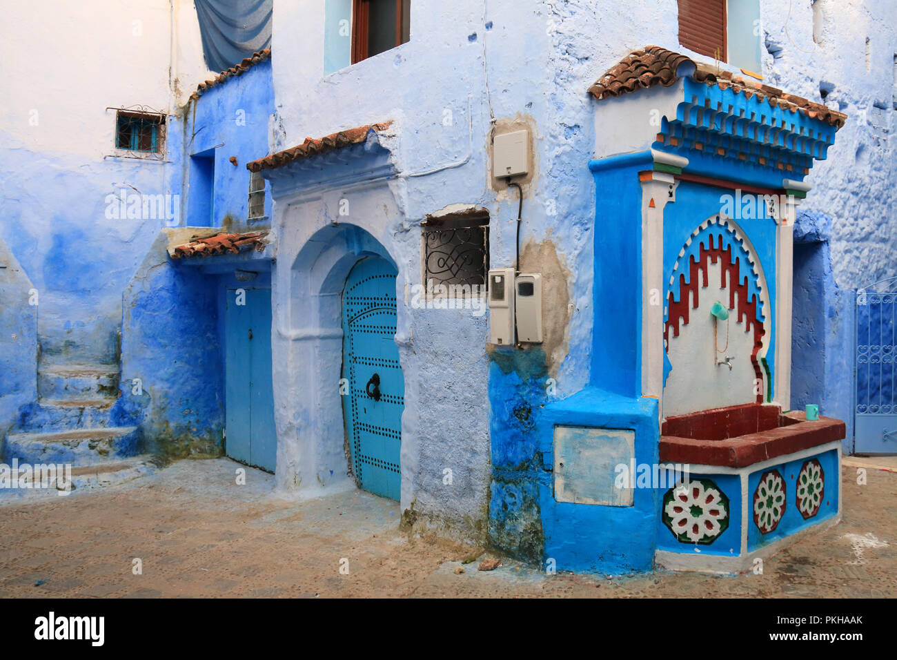 Beautiful street in the medina of Chefchaouen, the so-called blue town ...