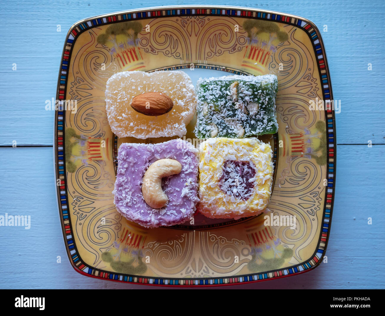 sweet delicious turkish delight candy on vivid oriental decorate plate ...