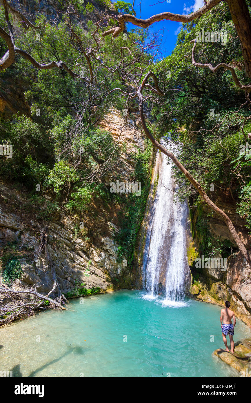 Waterfall in the Neda. The Neda is a river in the western Peloponnese ...