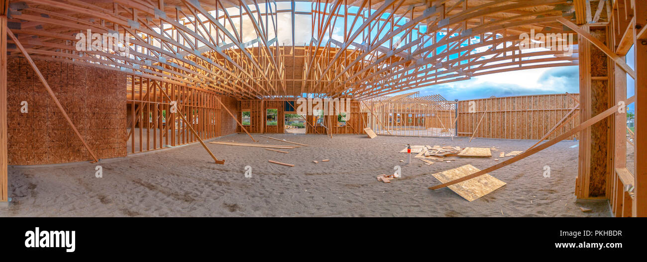Wide angle construction yard interior of building Stock Photo - Alamy
