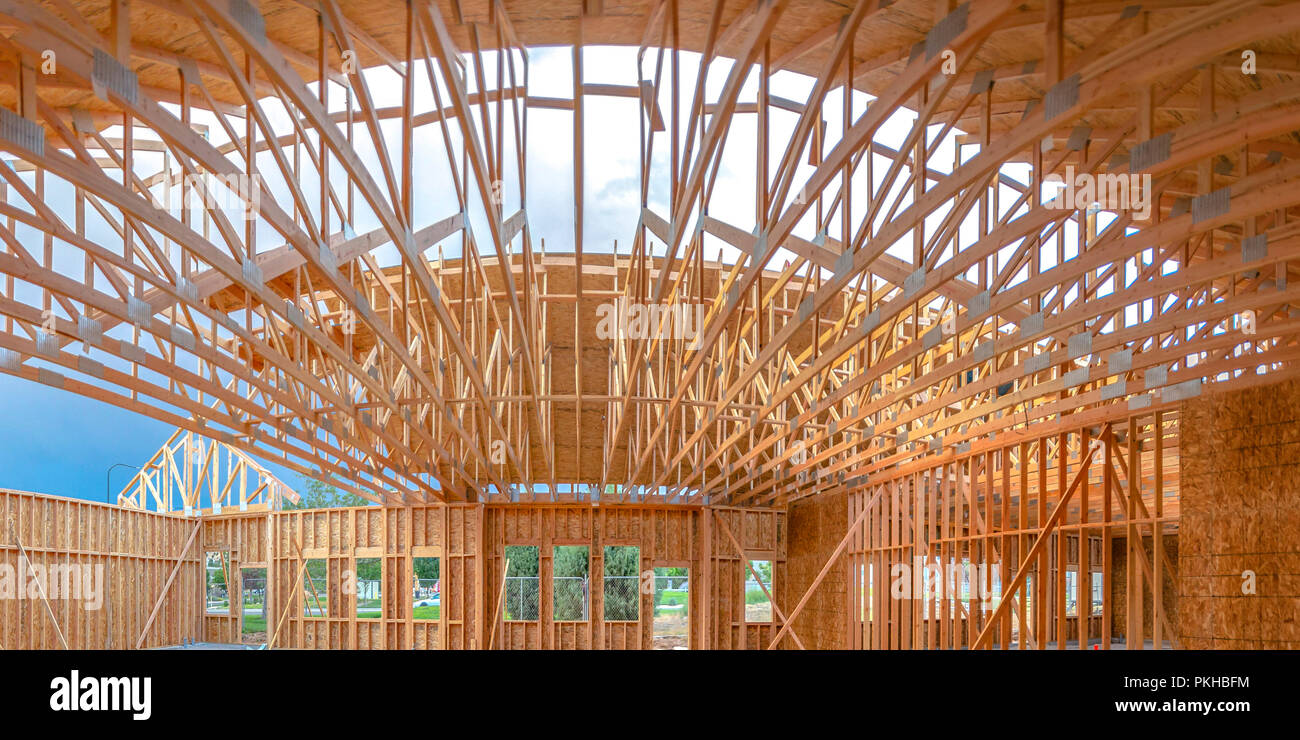 Wide angle of building interior contstruction pano Stock Photo - Alamy