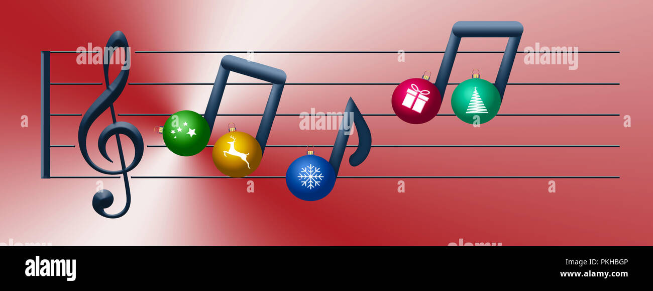 Musical notes made of Christmas ornaments float on a treble clef in ...
