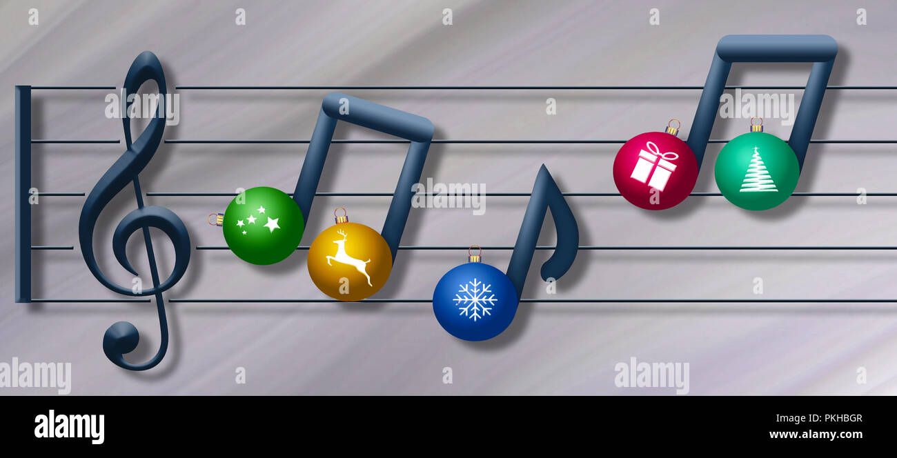 Musical notes made of Christmas ornaments float on a treble clef in ...