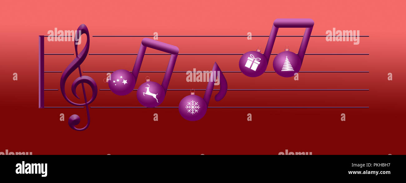 Musical notes made of Christmas ornaments float on a treble clef in ...