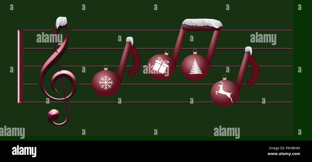 Musical notes made of Christmas ornaments float on a treble clef in ...