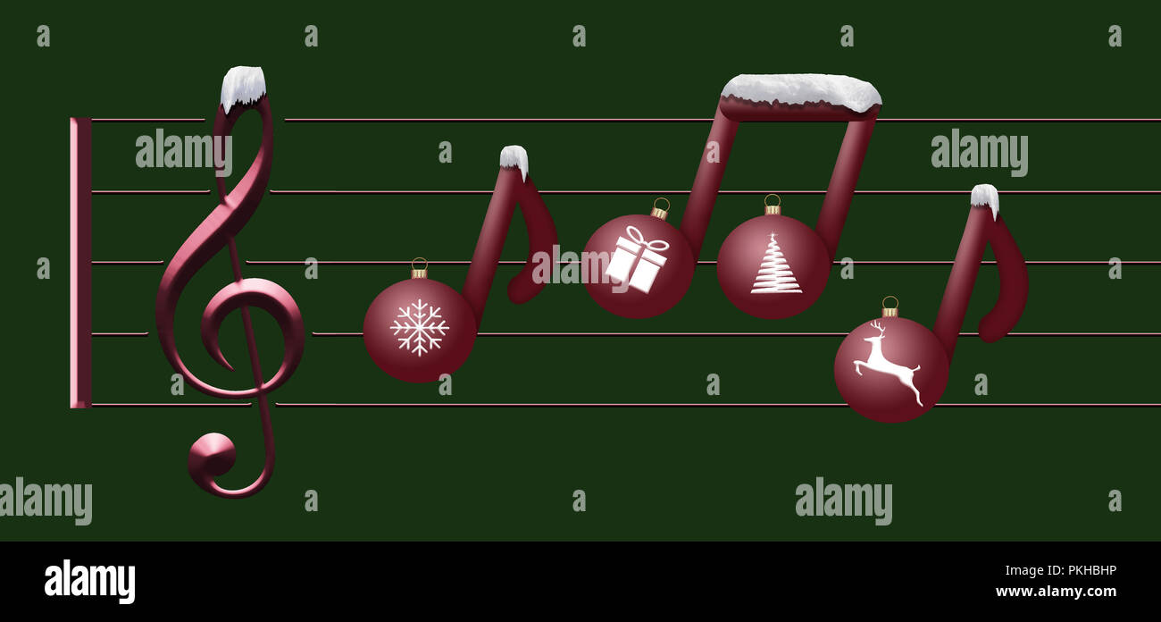 Musical notes made of Christmas ornaments float on a treble clef in ...