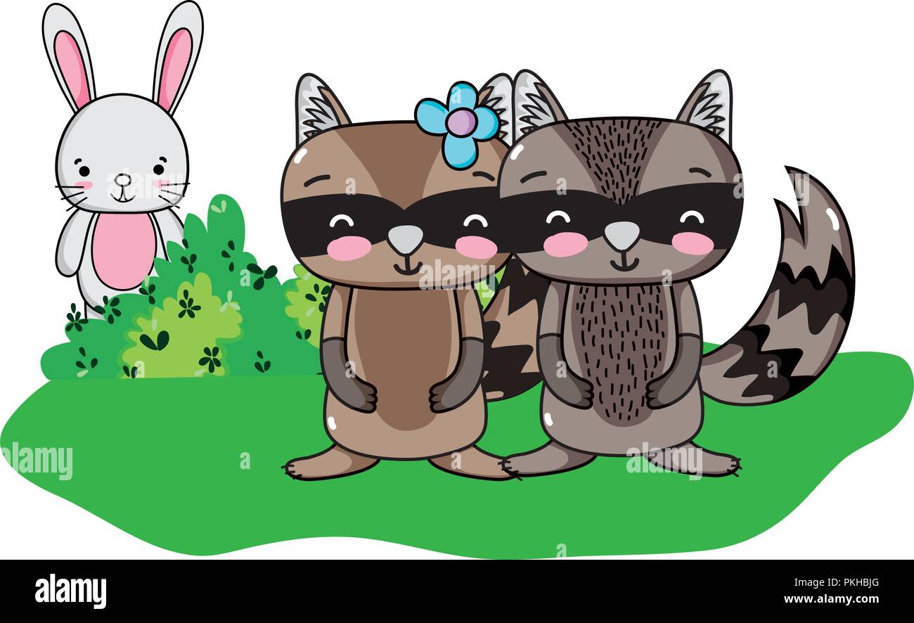 cute raccoon couple and rabbit in the bush Stock Vector Image & Art - Alamy
