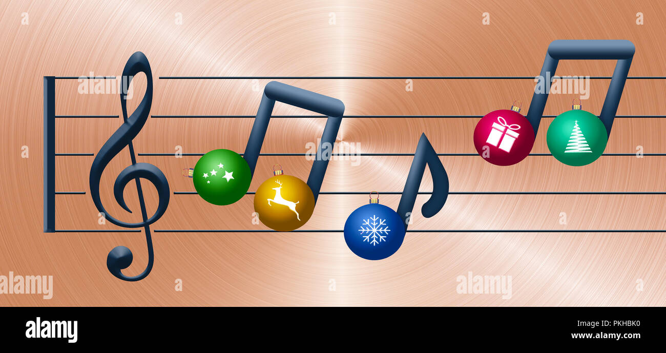 Musical notes made of Christmas ornaments float on a treble clef in ...
