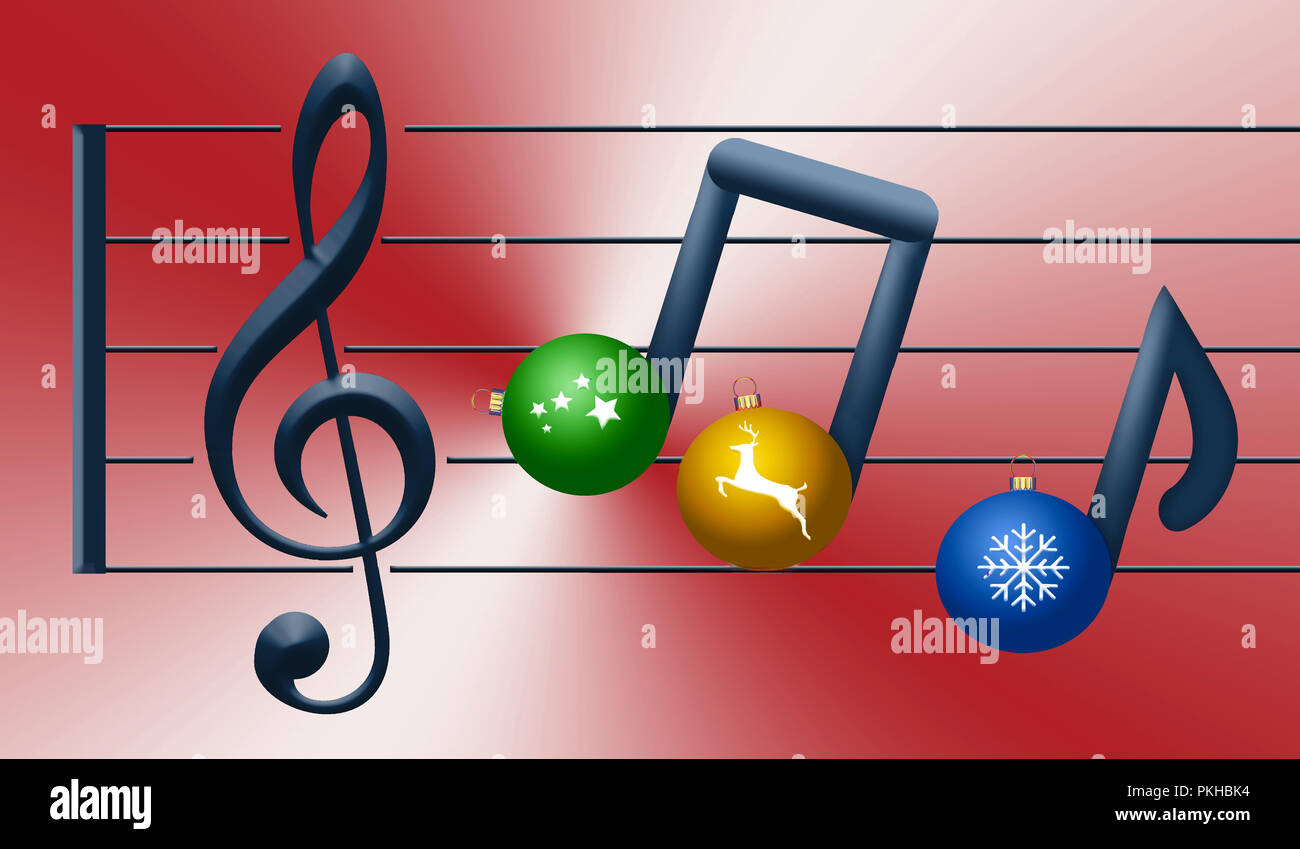 Musical notes made of Christmas ornaments float on a treble clef in ...