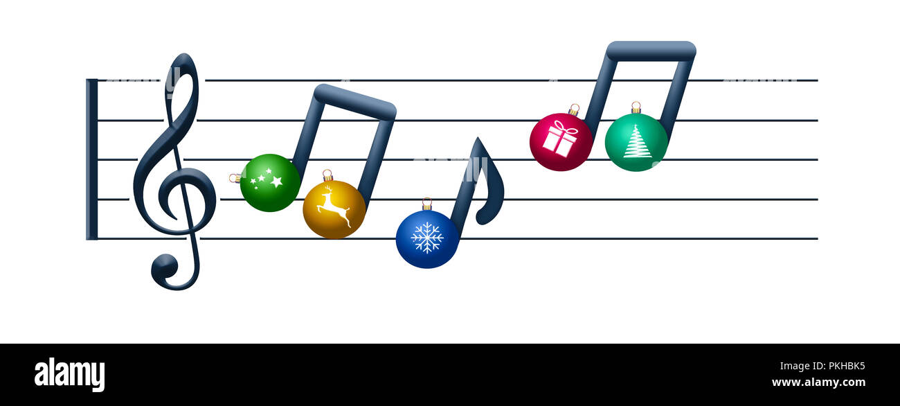 Musical notes made of Christmas ornaments float on a treble clef in ...
