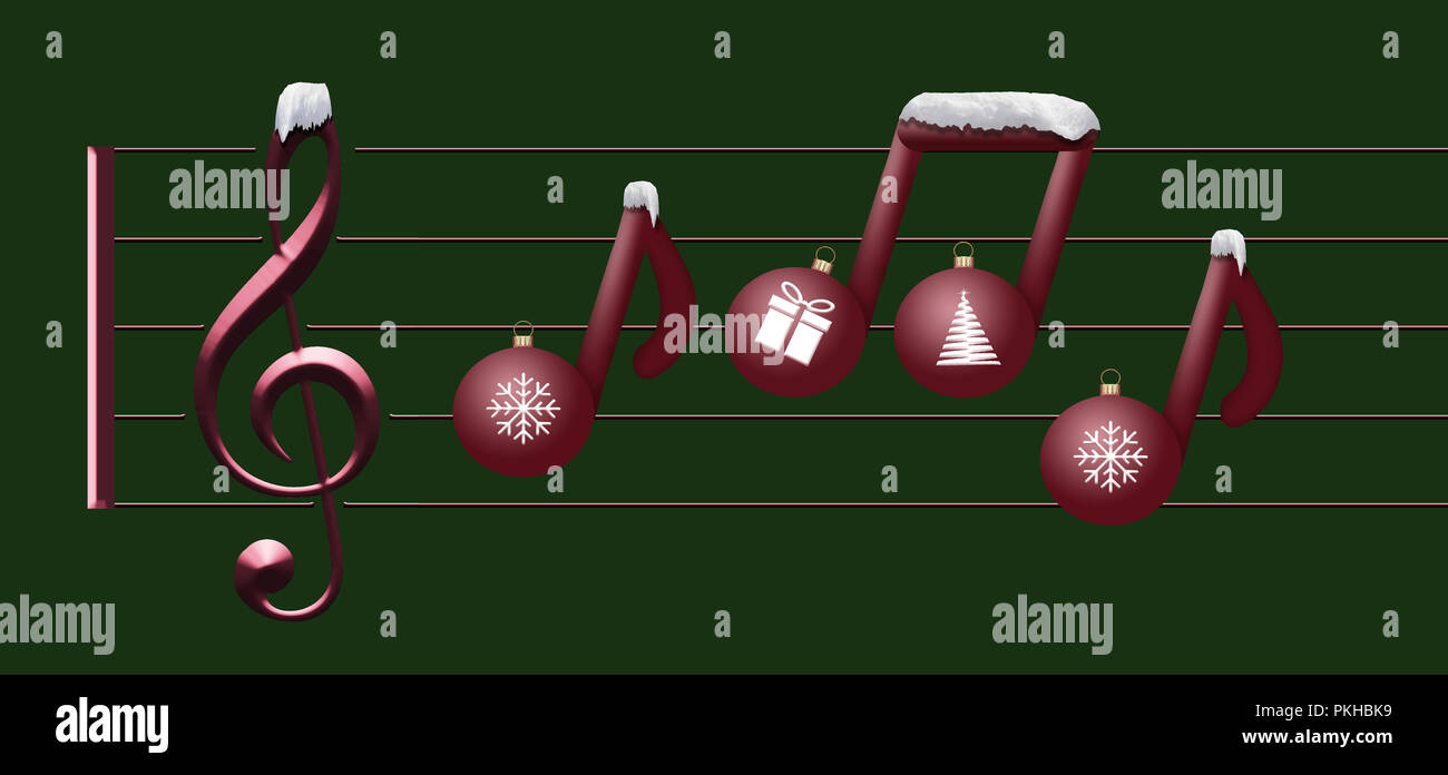 Musical notes made of Christmas ornaments float on a treble clef in ...